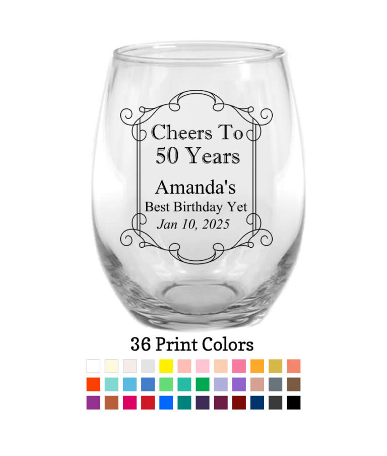 Cheers 50 Years Scroll Personalized 9 oz. Stemless Wine Glass - FREE Rush